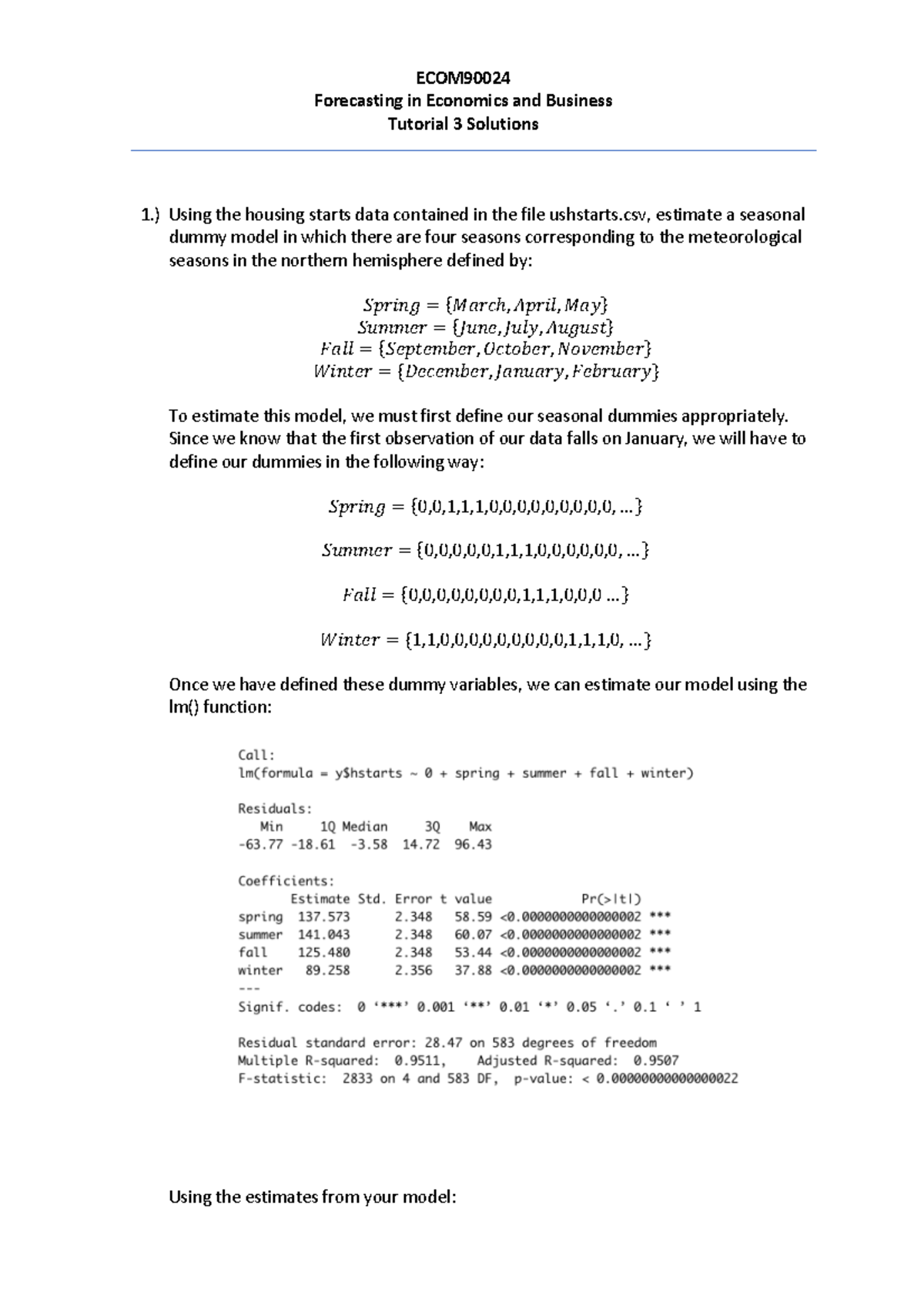 ECOM 90024: Tutorial 3 Solutions on Seasonal Dummy Models - Studocu
