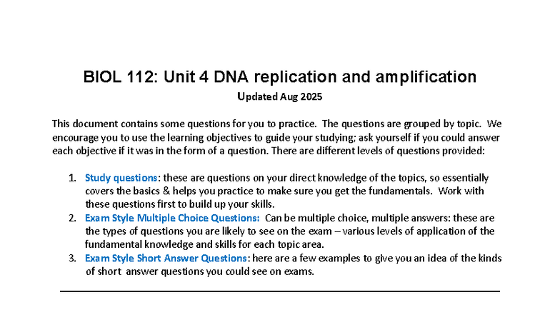 BIOL 112: Unit 4 DNA Replication & PCR Practice Questions - Studocu