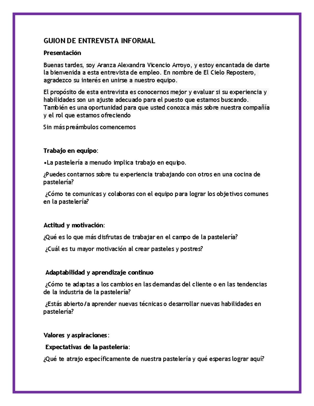 Guion DE Entrevista Informal - GUION DE ENTREVISTA INFORMAL ...