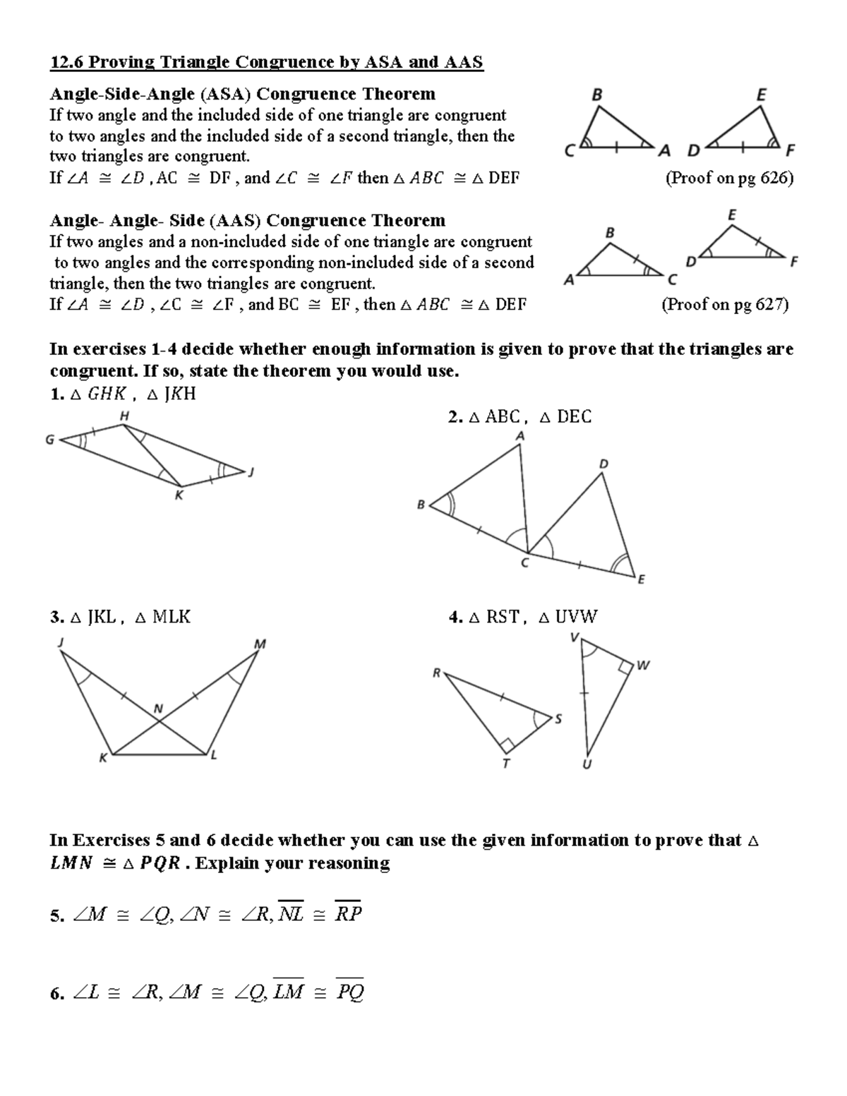 12.6 Triangle Congruence Proofs: ASA & AAS Theorems Notes - Studocu