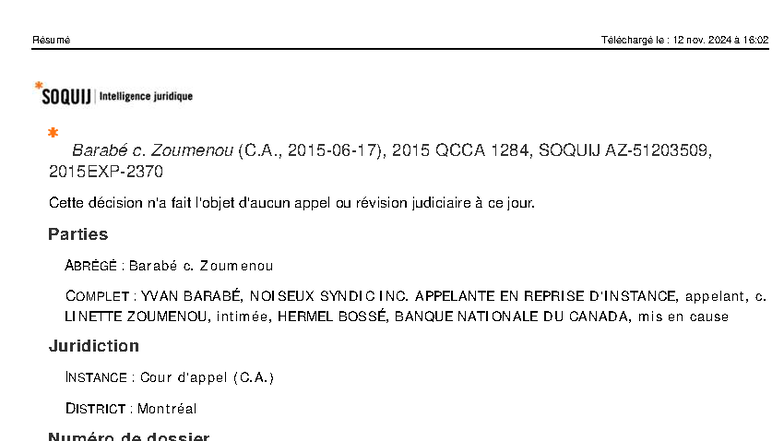 Résumé de l'affaire Barabé c. Zoumenou (C.A., 2015 QCCA 1284) - Studocu