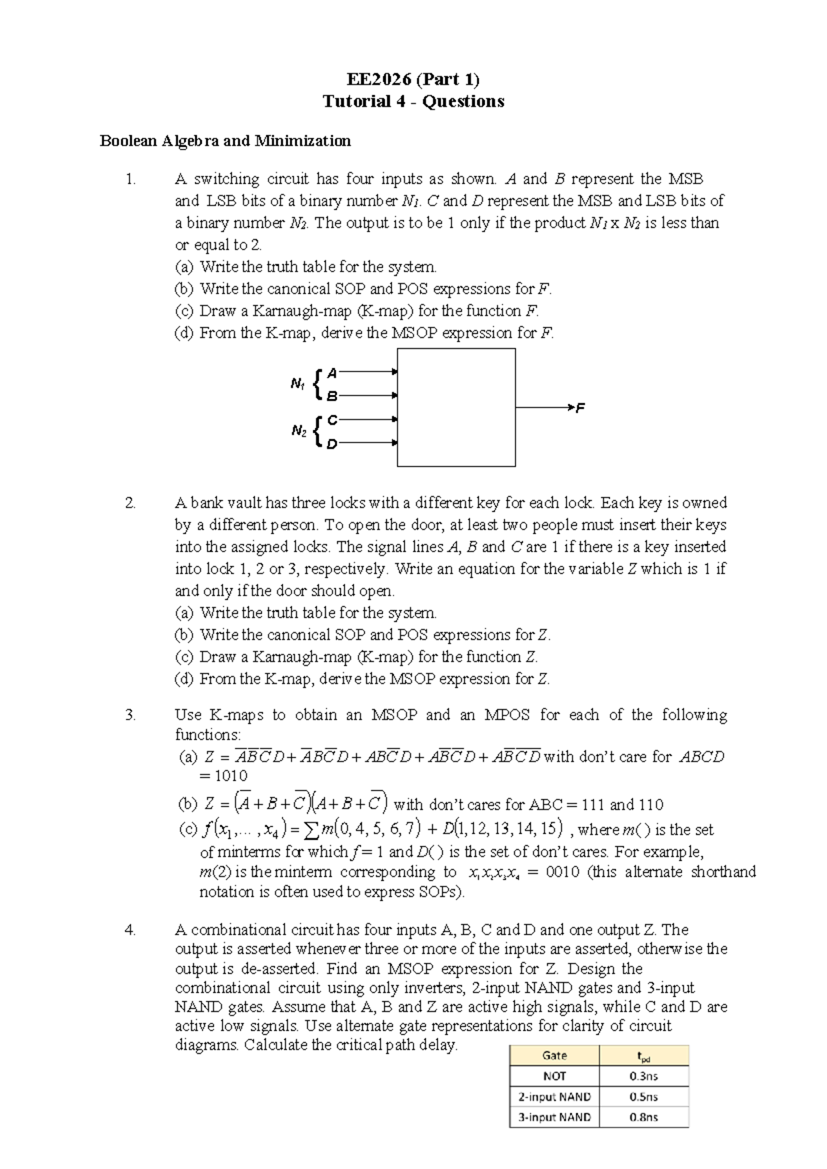 EE2026 P1 Tutorial-4 (wk5) AY2425S2 - EE2026 (Part 1) Tutorial 4 - Questions Boolean Algebra and ...