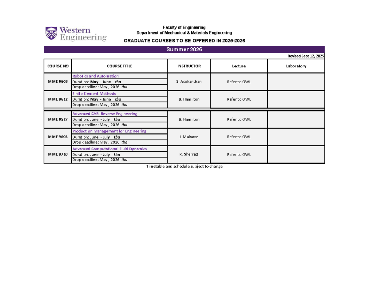 MME Graduate Courses Timetable for Summer 2026 - Studocu