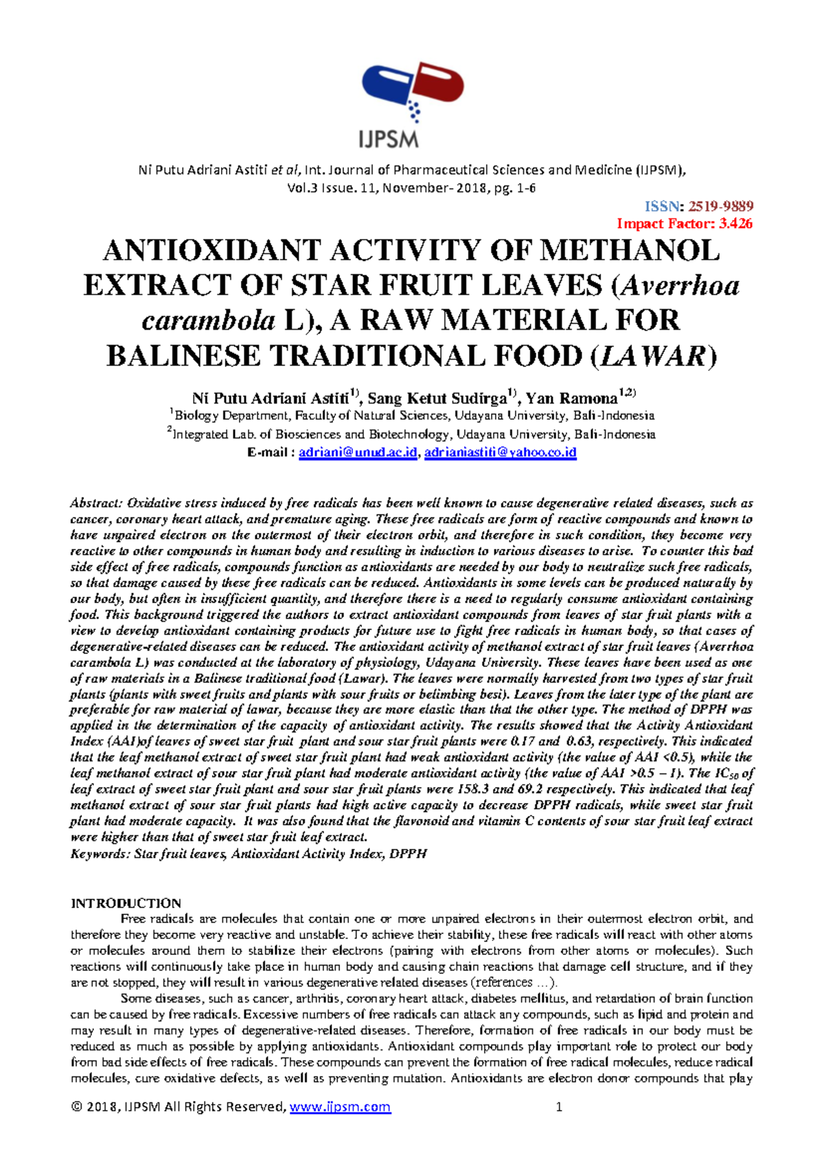 Antioxidant Activity of Methanol Extract from Star Fruit Leaves (IJPSM ...