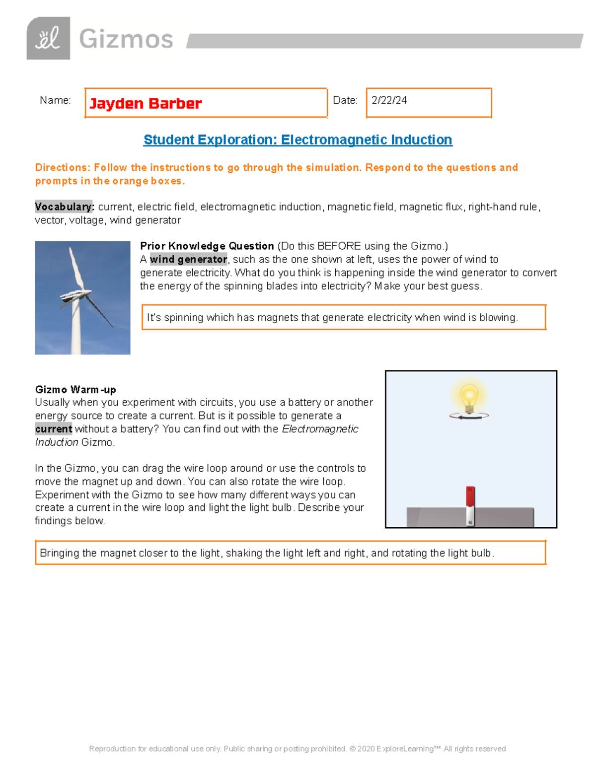 Electromagnetic Induction Student Exploration (SE) Activity Guide - Studocu