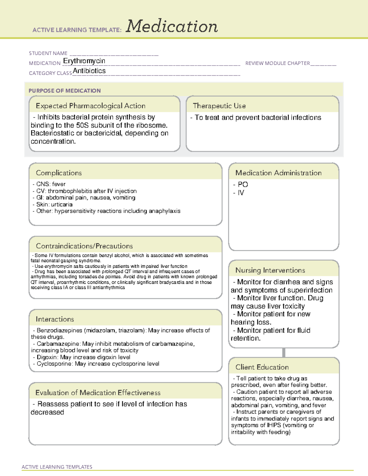 ACTIVE LEARNING TEMPLATE: Erythromycin Review for Antibiotics Class ...