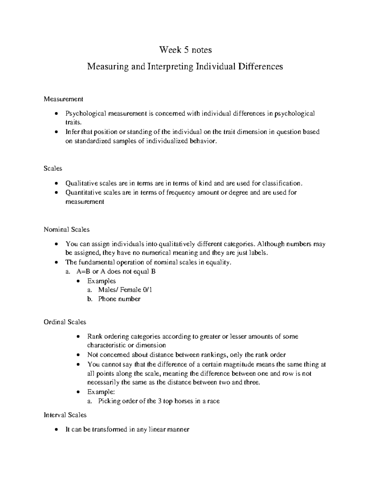 PSY 320: Final Notes on Measuring and Interpreting Individual ...