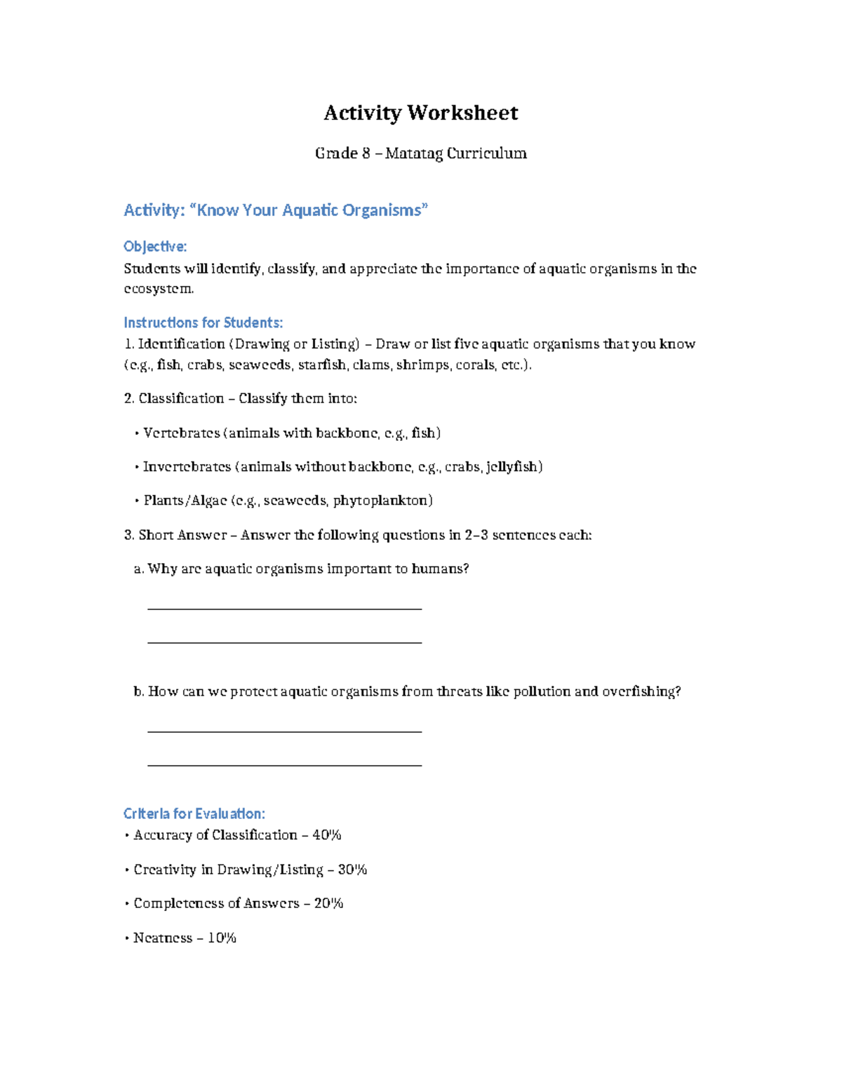 Grade 8 Aquatic Organisms Activity Worksheet: Matatag Curriculum - Studocu