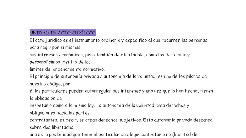 Unidad 13: Acto Jurídico y su Autonomía en el Derecho - Studocu