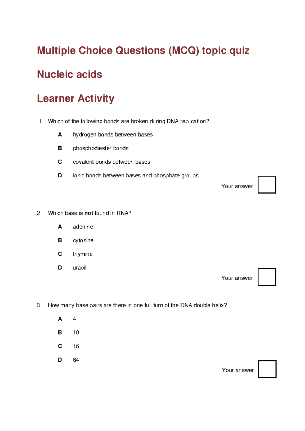 DNA MCQs Quiz: Nucleic Acids Learner Activity 1 - Studocu