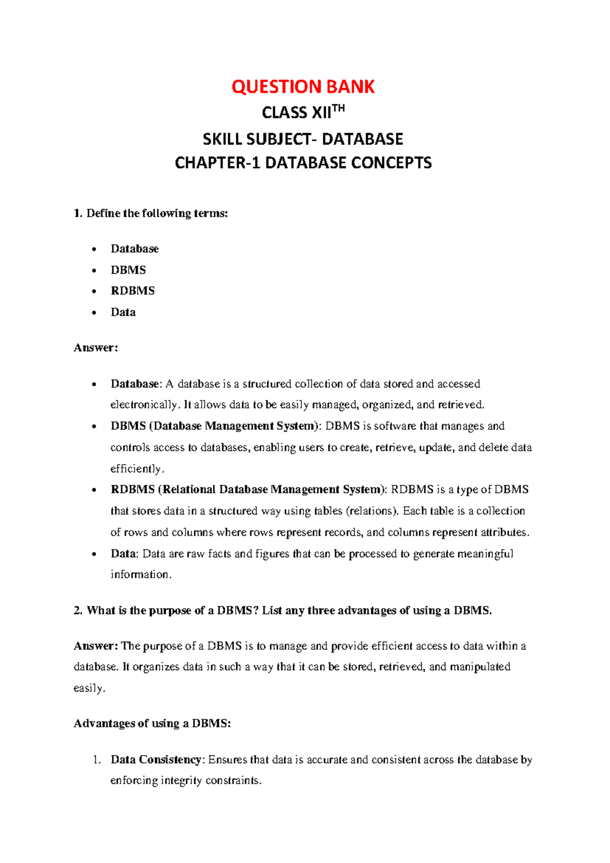 802 Class 12 Database Concepts Question Bank - Chapter 1 (2024-25) - Studocu
