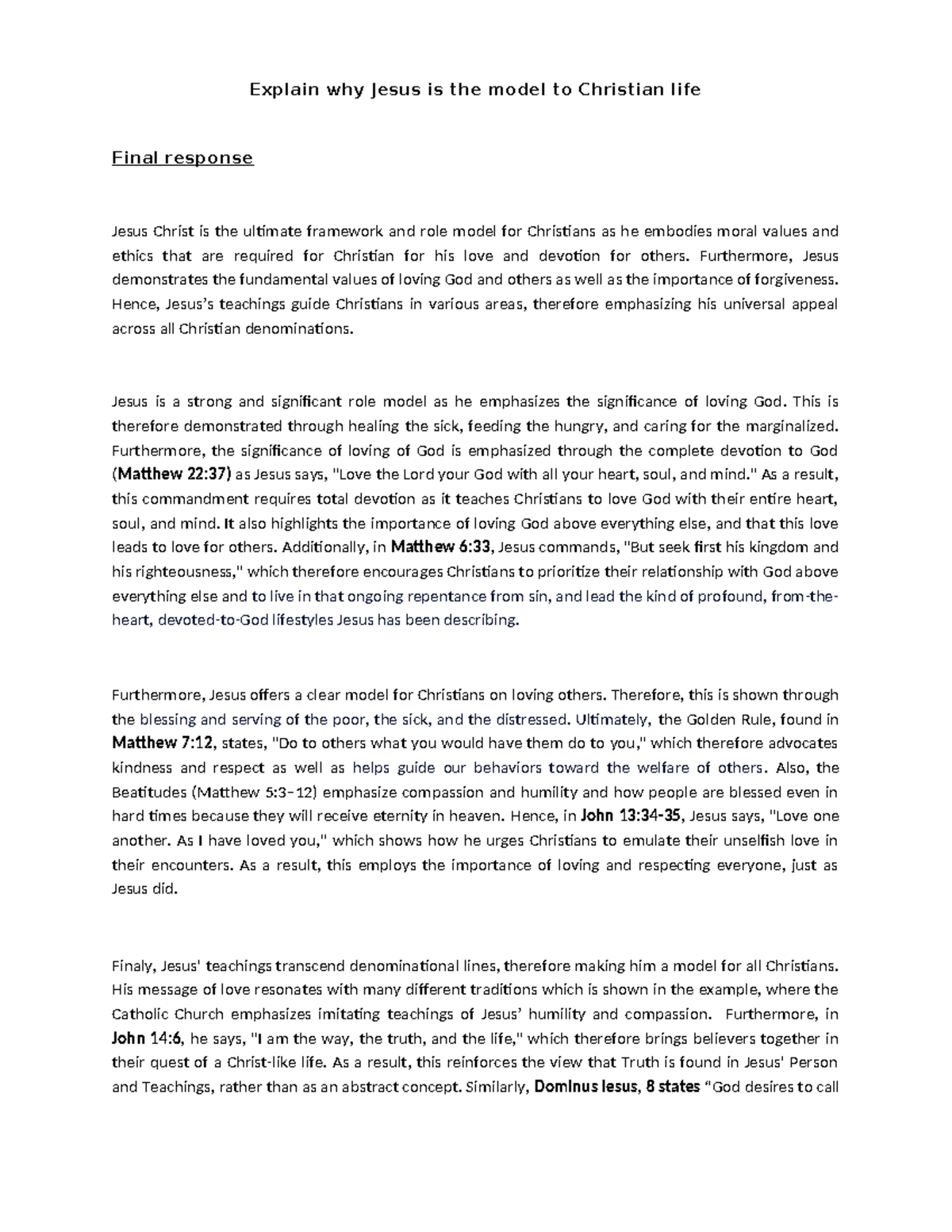 Jesus as a Role Model for Christian Life: Final Essay Response - Studocu