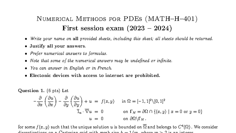 Numerical Methods for PDEs Exam 1 (2023-2024) - Studocu