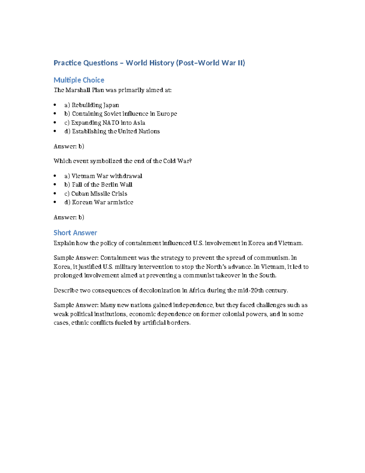 World History (WH101) Practice Questions: WWII & Cold War Insights ...