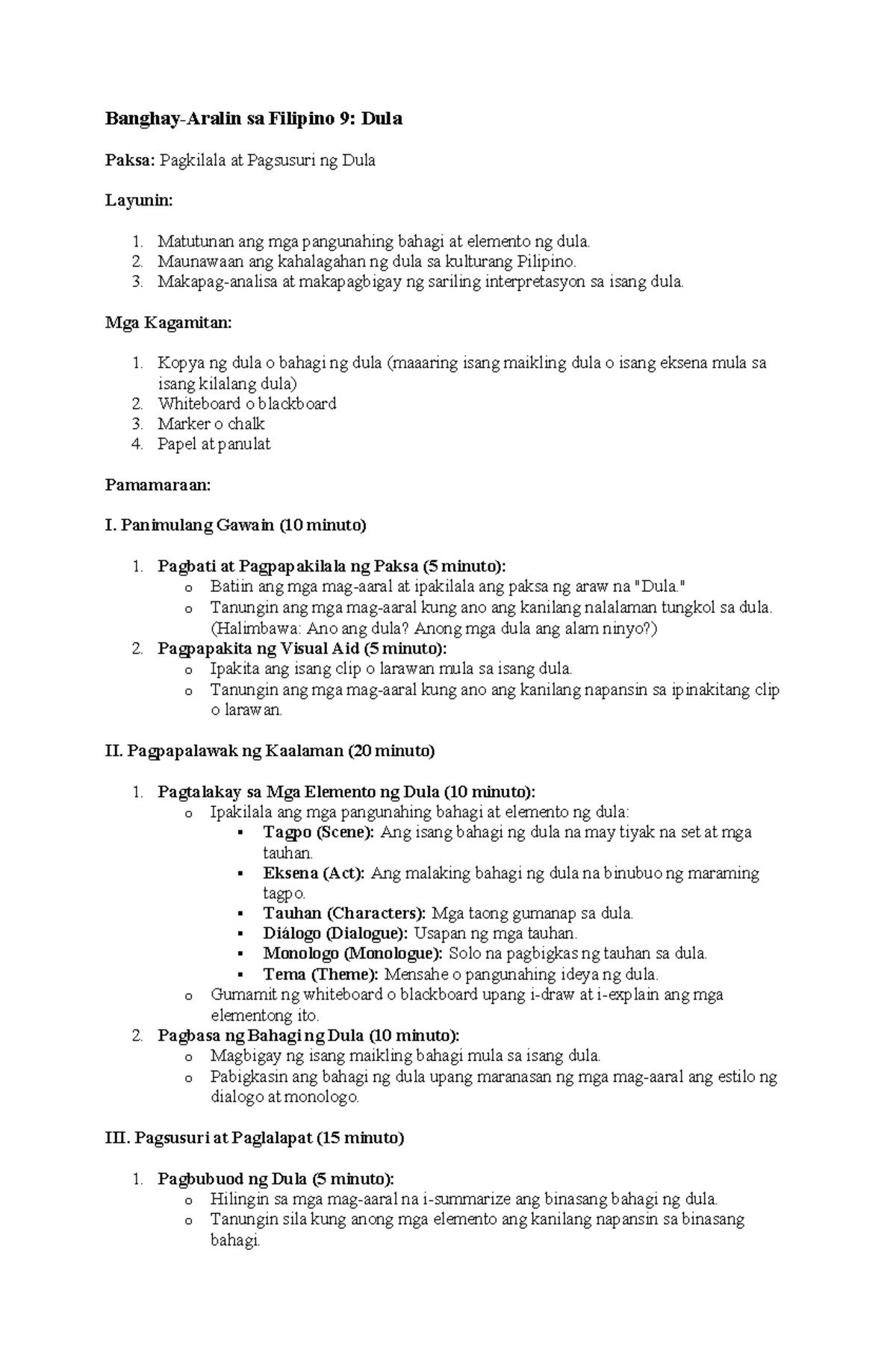 Fil 9 Dula - Lesson Plan: Pagkilala at Pagsusuri ng Dula - Studocu