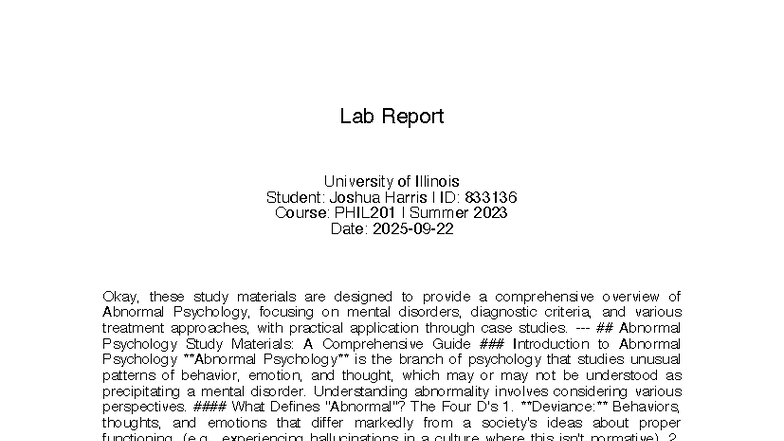 PHIL201 Lab Report: Comprehensive Overview of Abnormal Psychology - Studocu