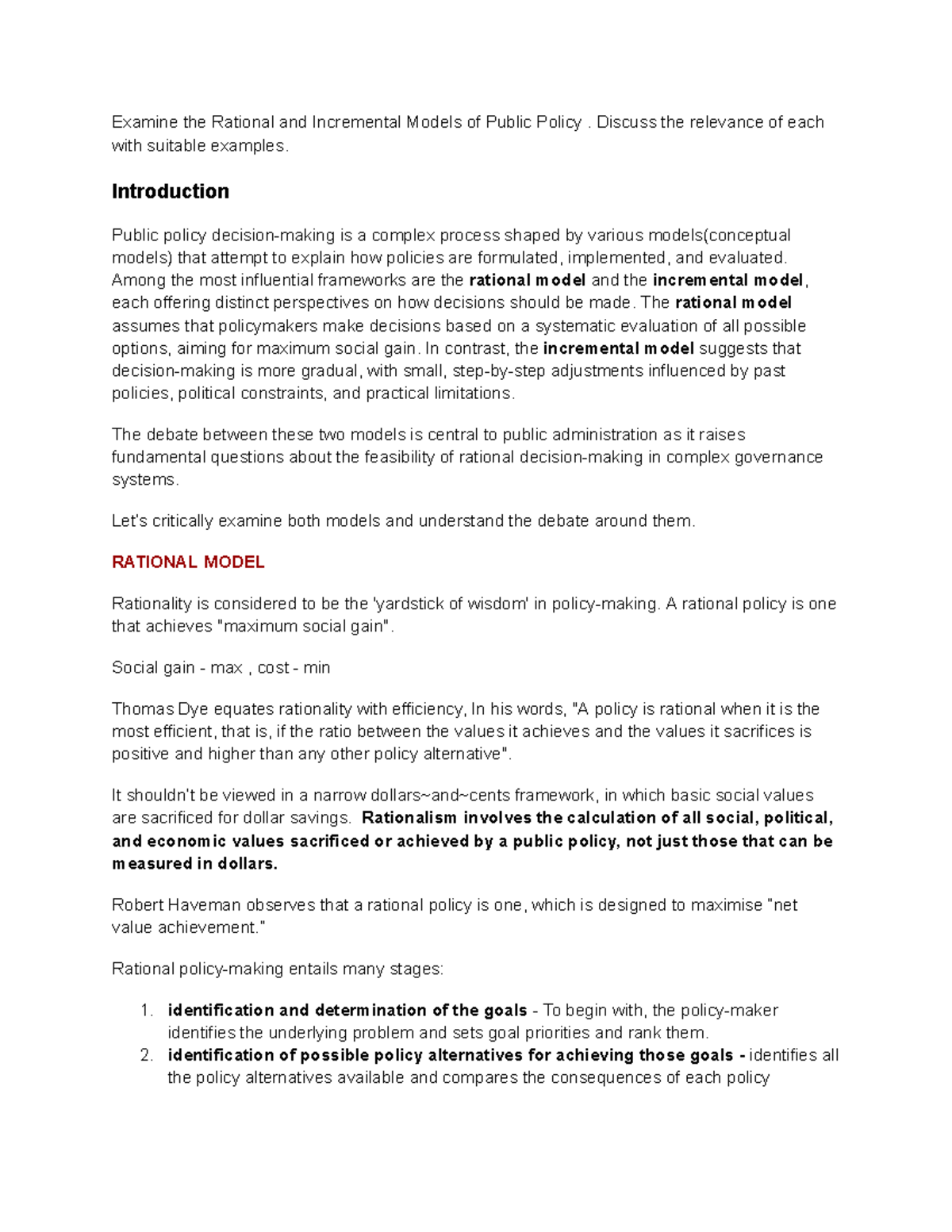 Rational vs Incremental Models of Public Policy: A Critical Analysis ...