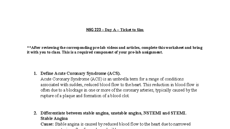 Med-Surg 2 NSG 223 Day A Ticket to Sim: ACS Overview and Management ...