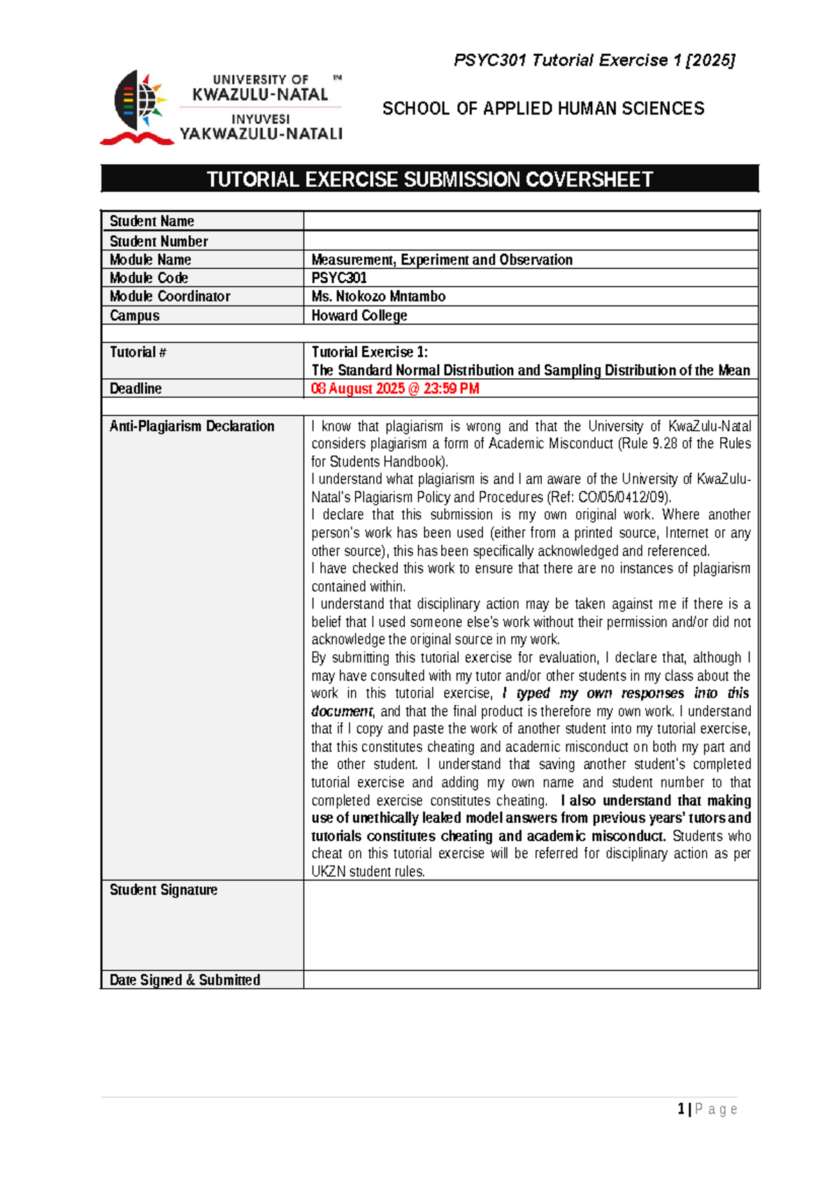 PSYC301 Tutorial Exercise 1: Standard Normal & Sampling Distributions ...