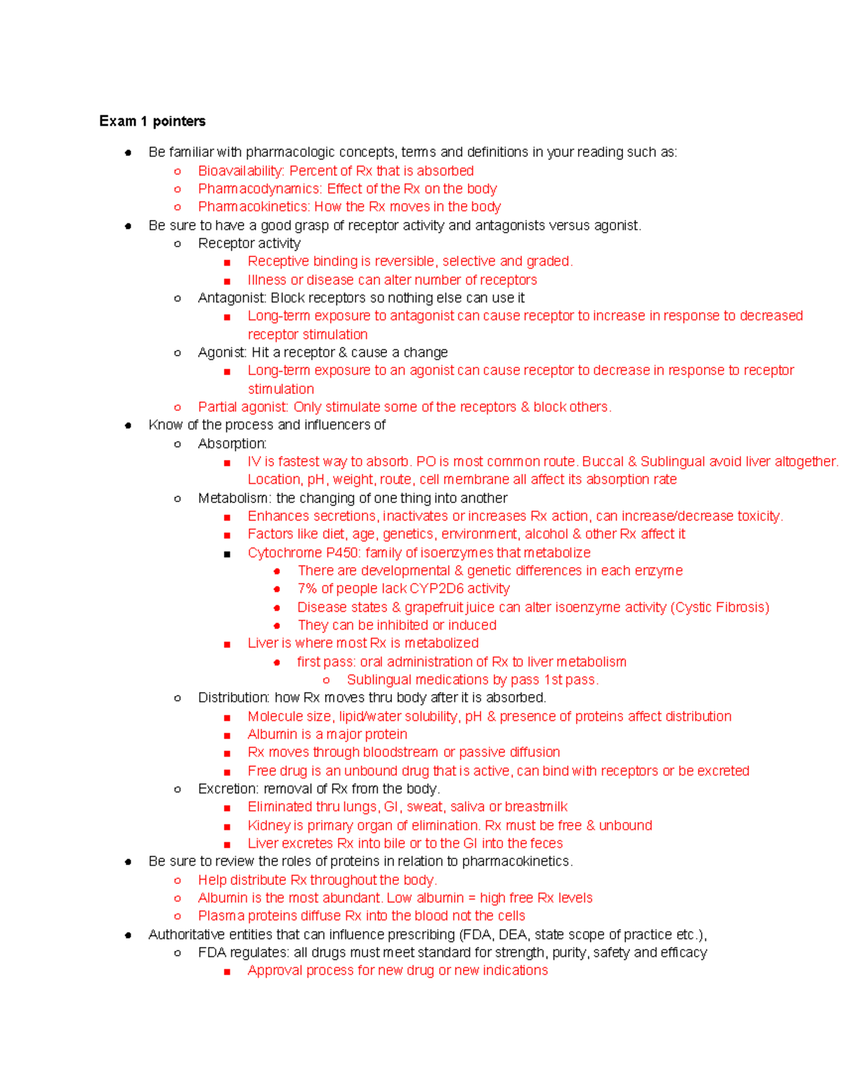 530 Exam 1 study guide - Exam 1 pointers Be familiar with pharmacologic ...