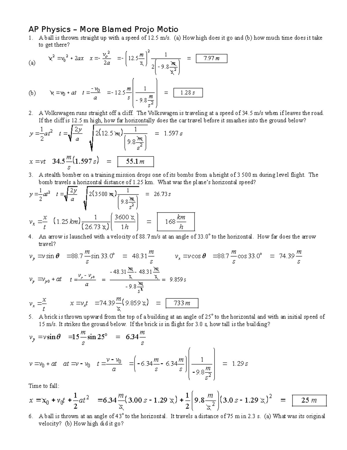AP Physics Worksheet 4: Advanced Projectile Motion Key - Studocu