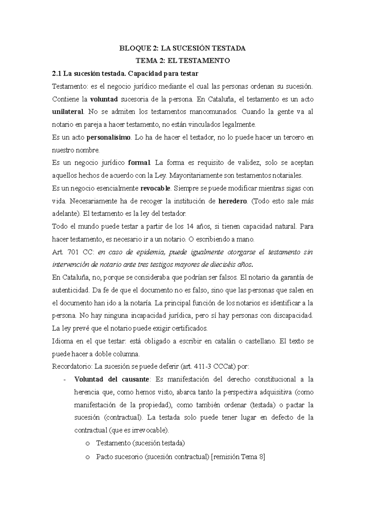 TEMA 2: La Sucesión Testada y el Testamento en CCCat - Studocu