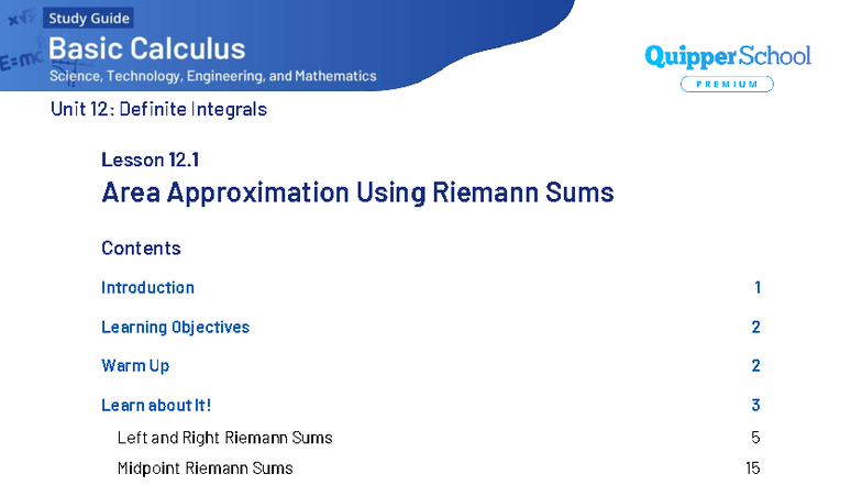 Unit 12: Definite Integrals - Lesson 12.1 Riemann Sums Area ...