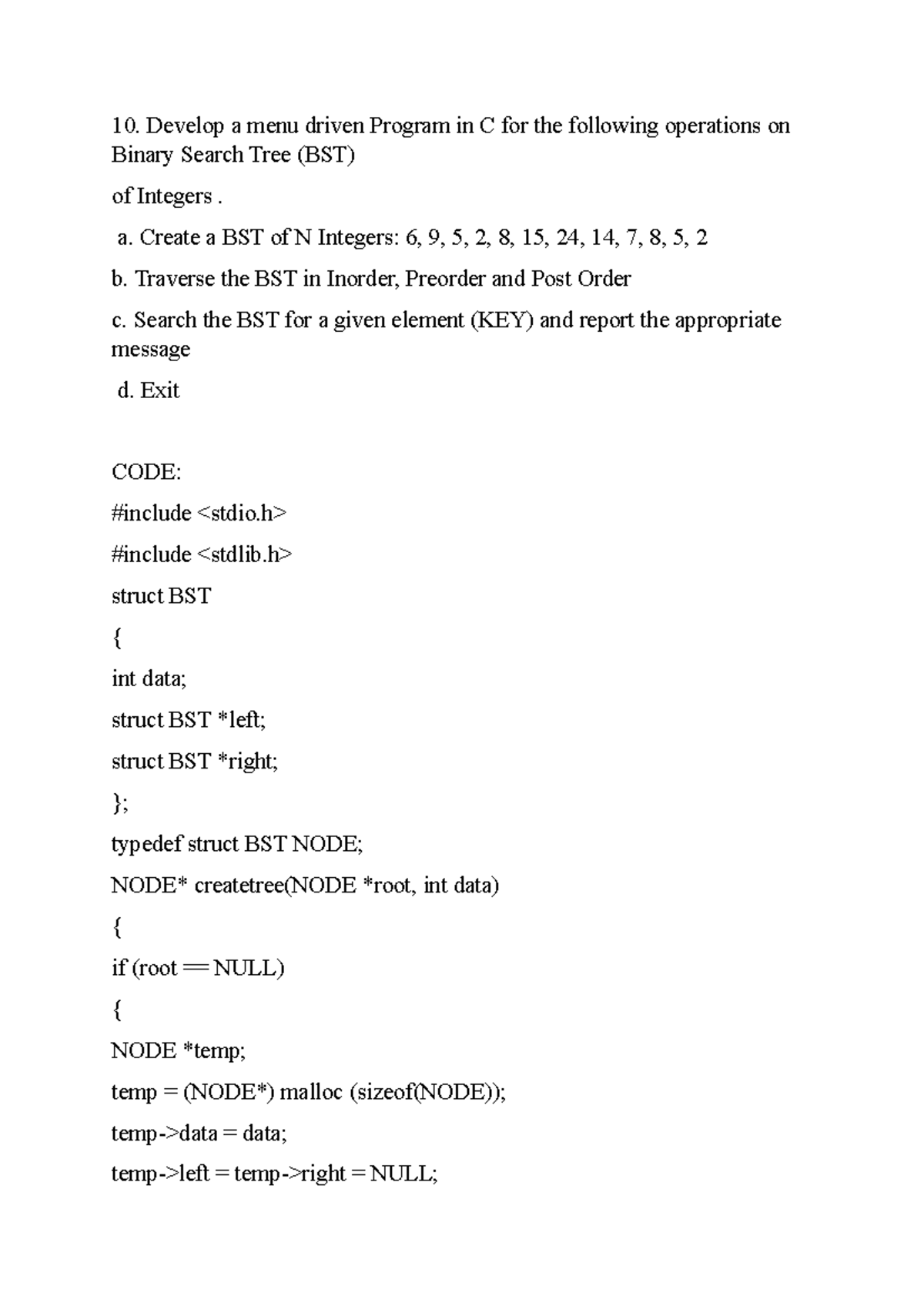 C Program: Menu-Driven BST Operations (Code: 10 & 11) - Studocu