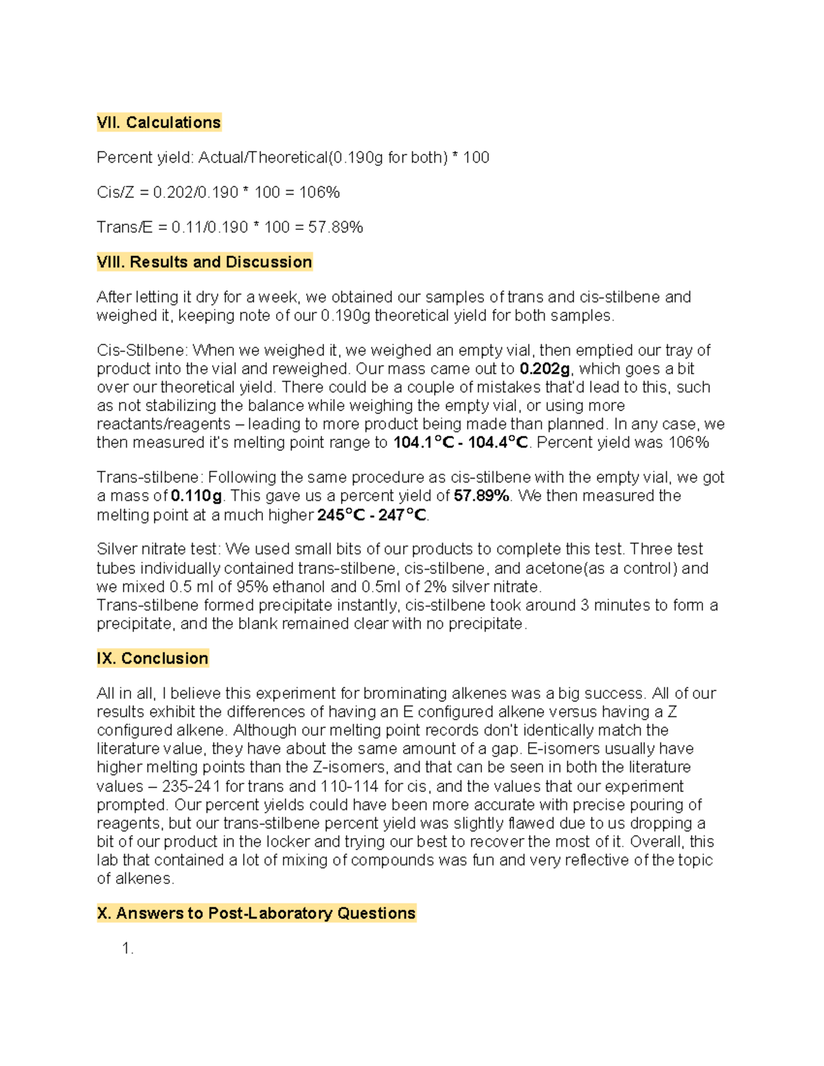 Brominating Alkenes Postlab: Percent Yield & Results Analysis - Studocu