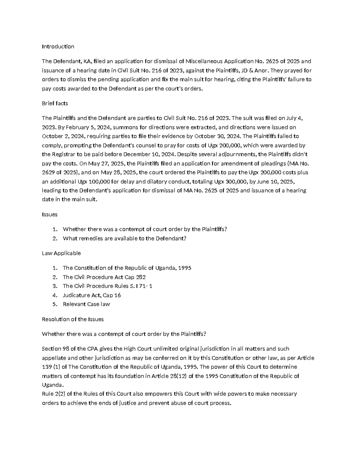 Civil Suit No. 216 of 2023: Dismissal Application Analysis - Studocu