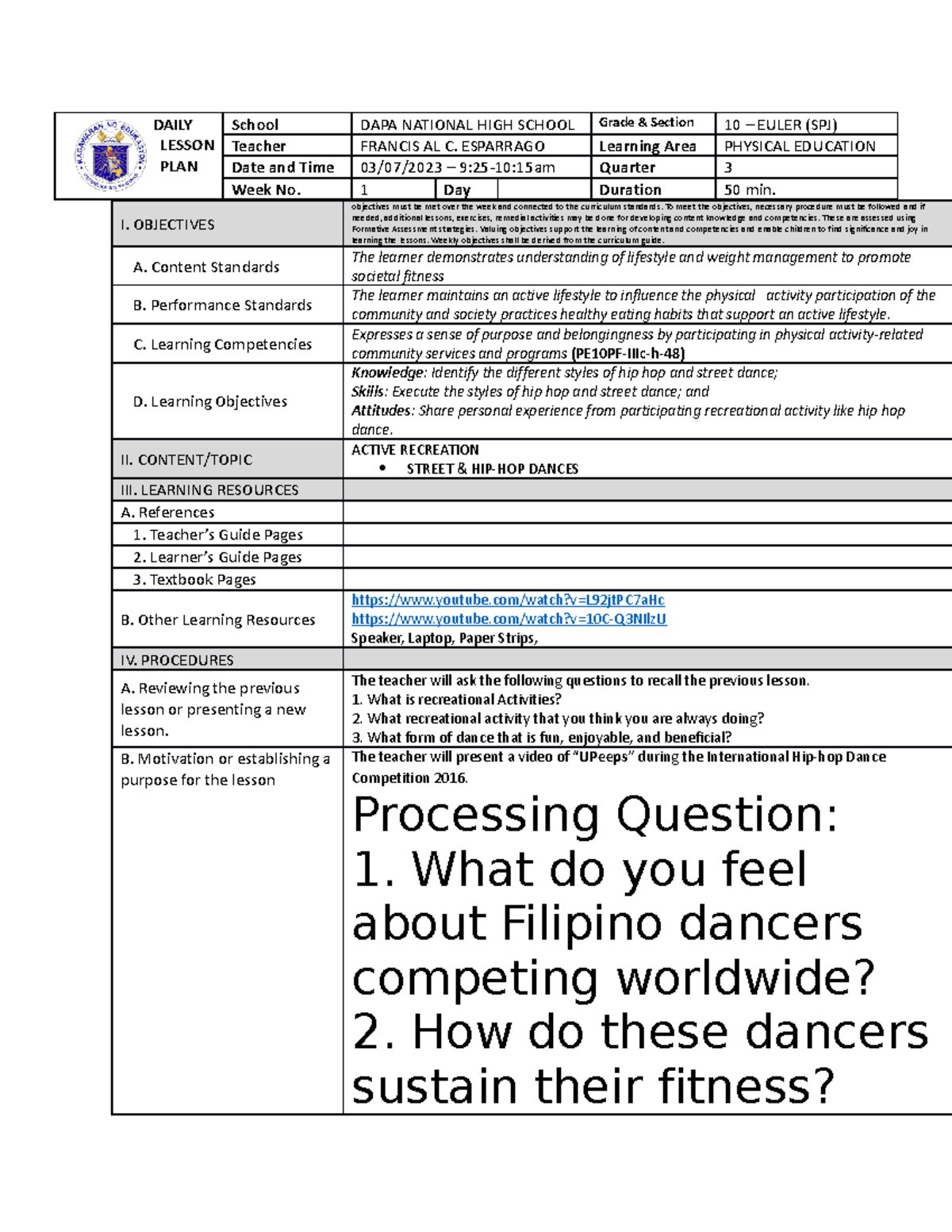 G10 DLP PE Lesson Plan: Hip-Hop Dance - 3rd Quarter - Studocu