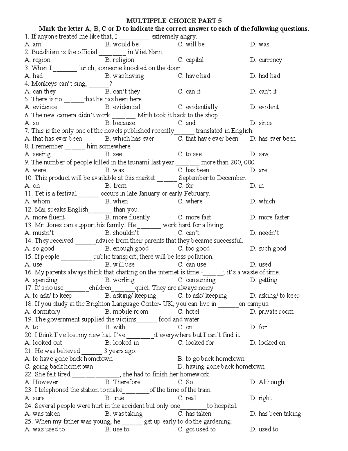 Multiple Choice Questions Part 5: Answer Key and Explanations - Studocu