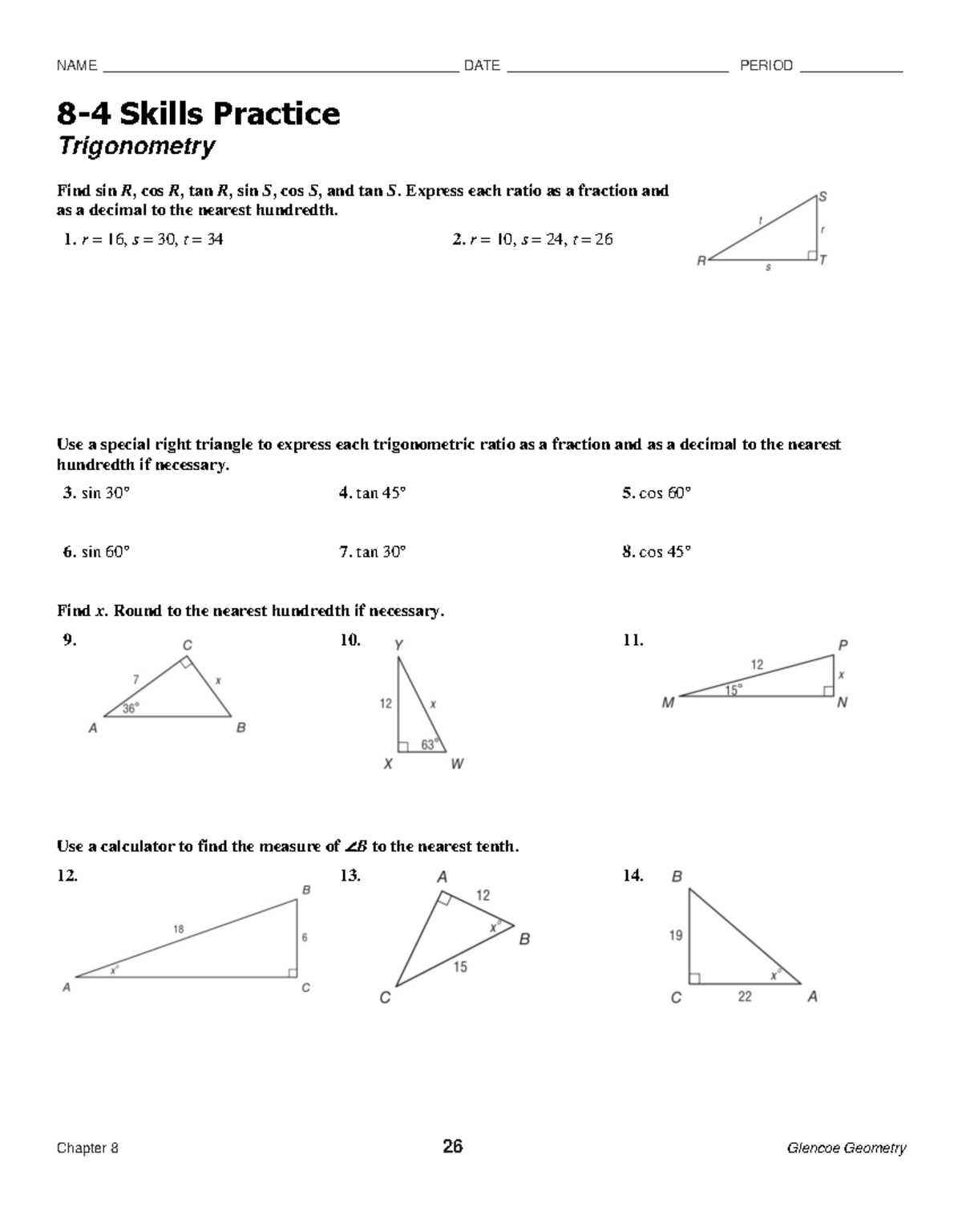 Glencoe Geometry Chapter 8: Skills Practice 8 on Trigonometry - Studocu