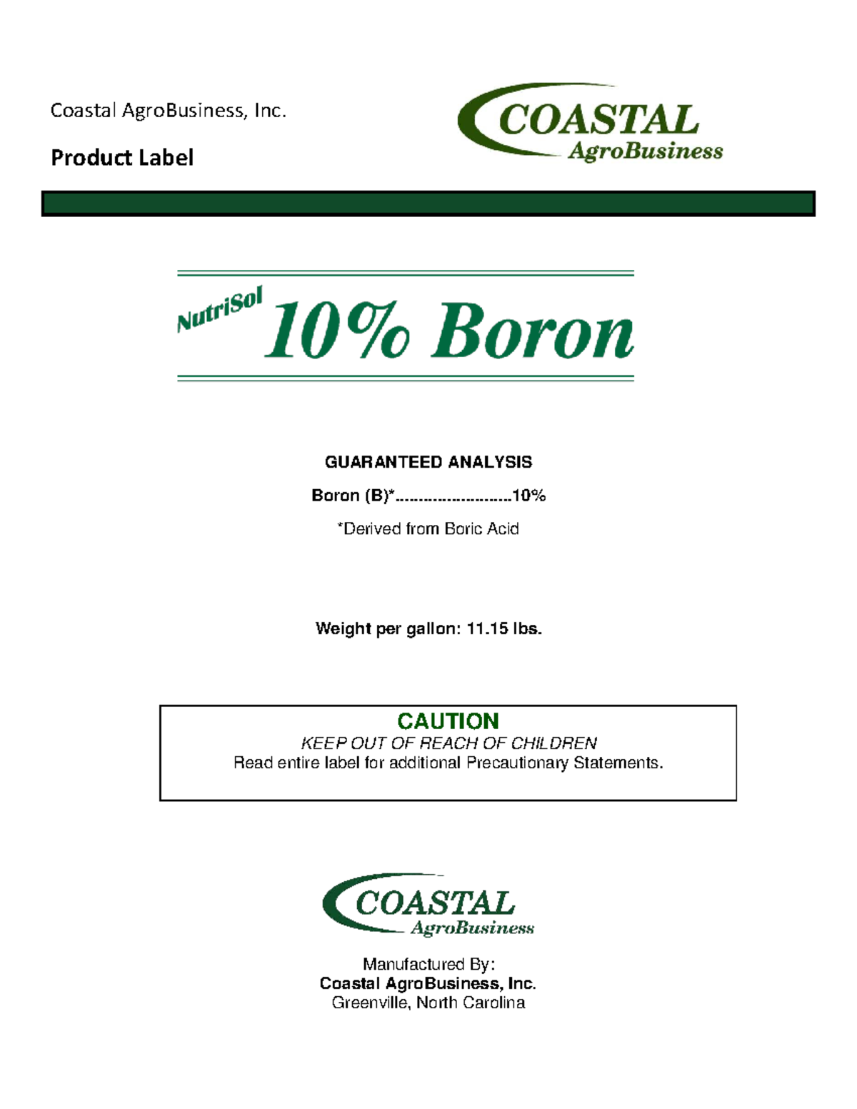 NutriSol 10 Boron Product Label - Guaranteed Analysis & Safety Info ...