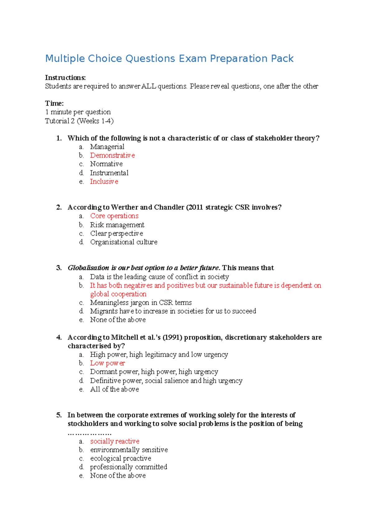Answers - Multiple Choice Questions Exam Preparation Pack A - Multiple ...