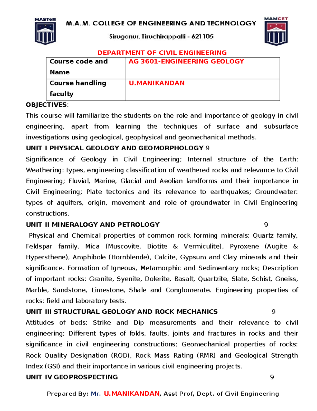 AG 3601 Geology in Civil Engineering: Course Overview and Objectives - Studocu