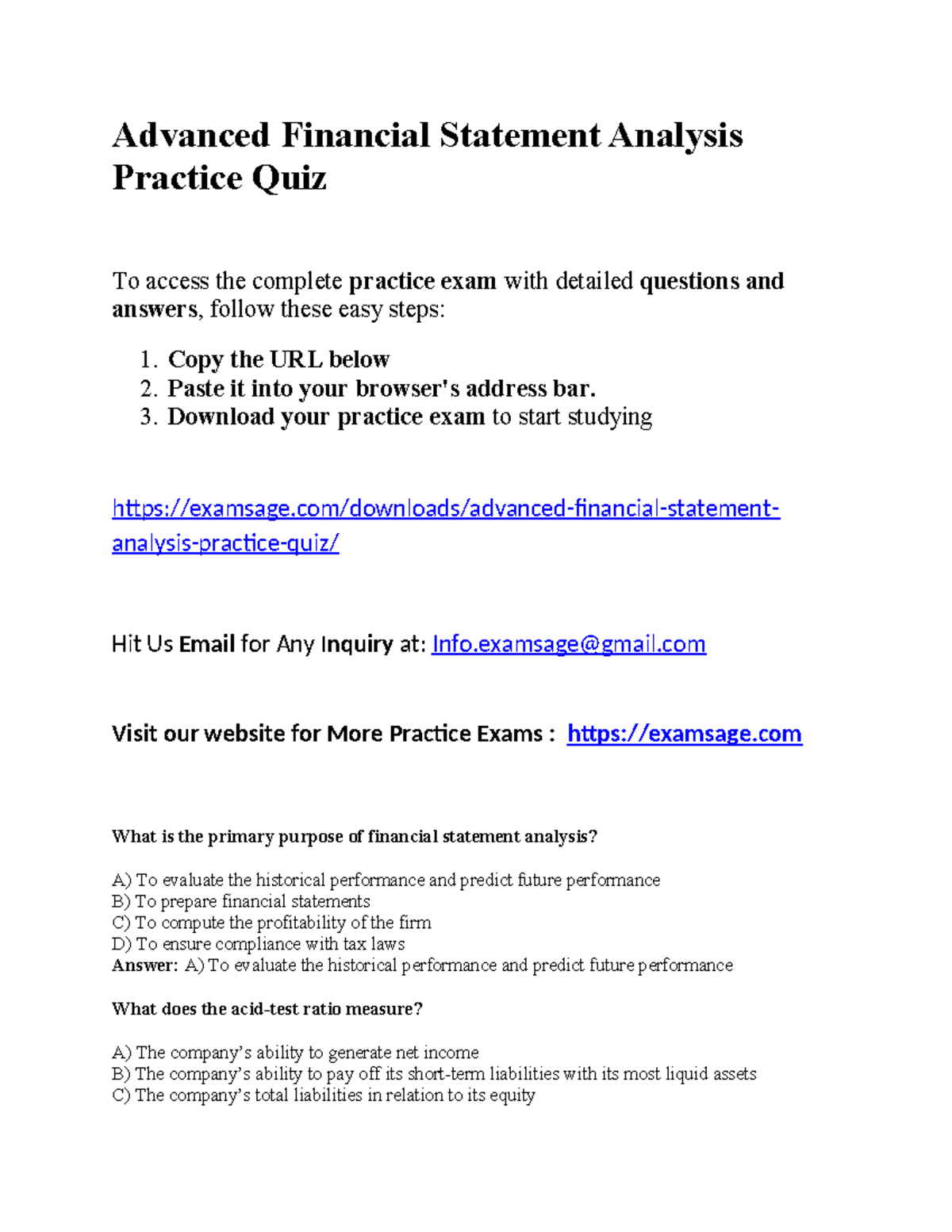 Advanced Financial Statement Analysis Practice Quiz - Advanced ...