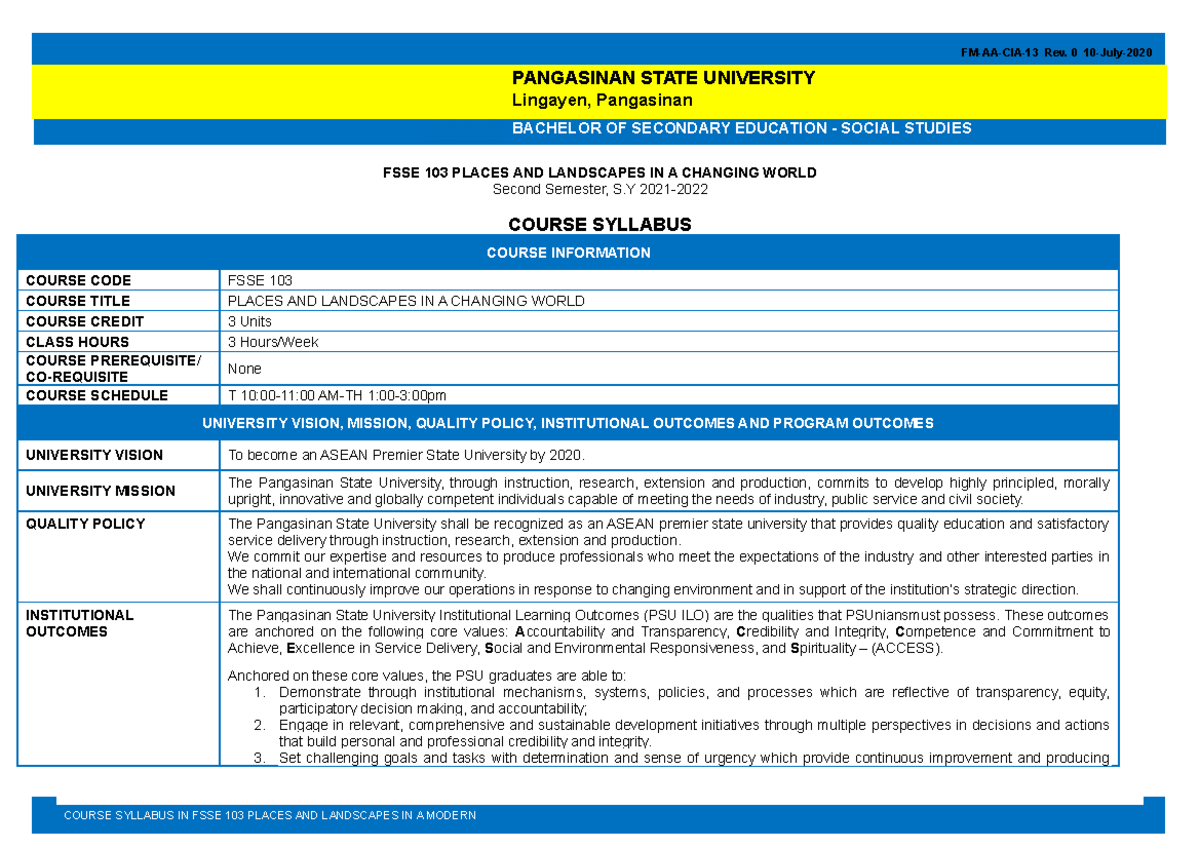 FSSE 103: Places and Landscapes in a Changing World Syllabus - Studocu