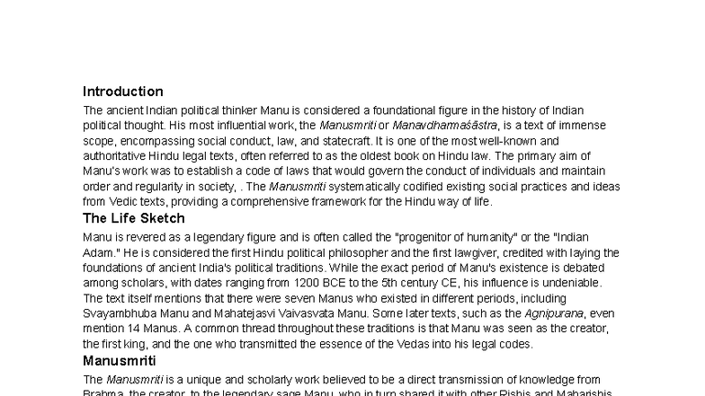 Manu's Political Philosophy: Insights from Manusmriti (HIST 101) - Studocu