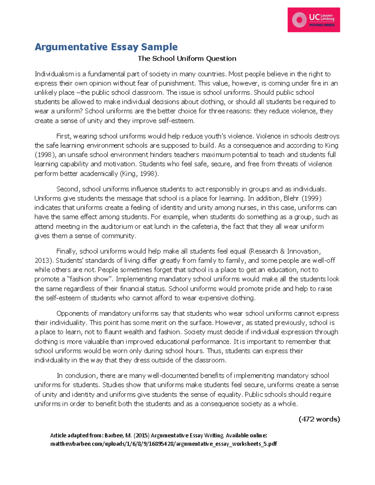 Argumentative Essay Sample on School Uniforms UCLL 2019-2020 - Studocu
