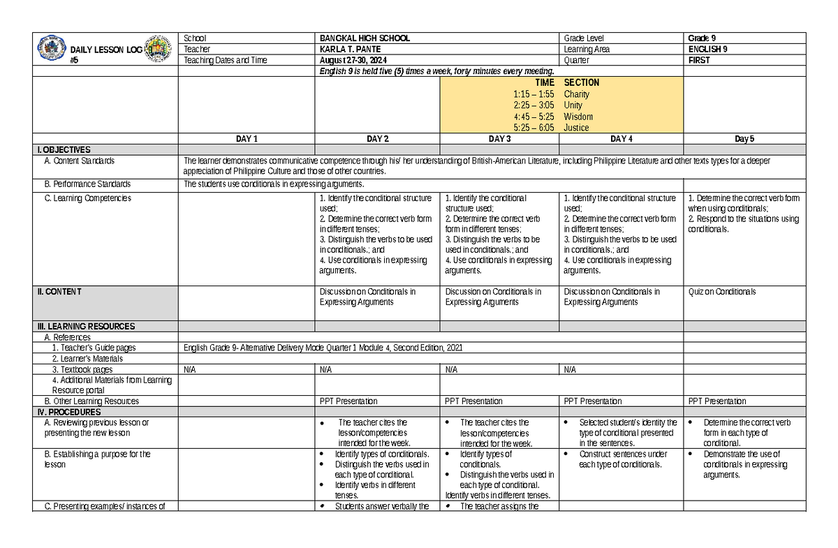 Daily Lesson Log: English 9 - Week 5 (Aug 27-30, 2024) - Studocu