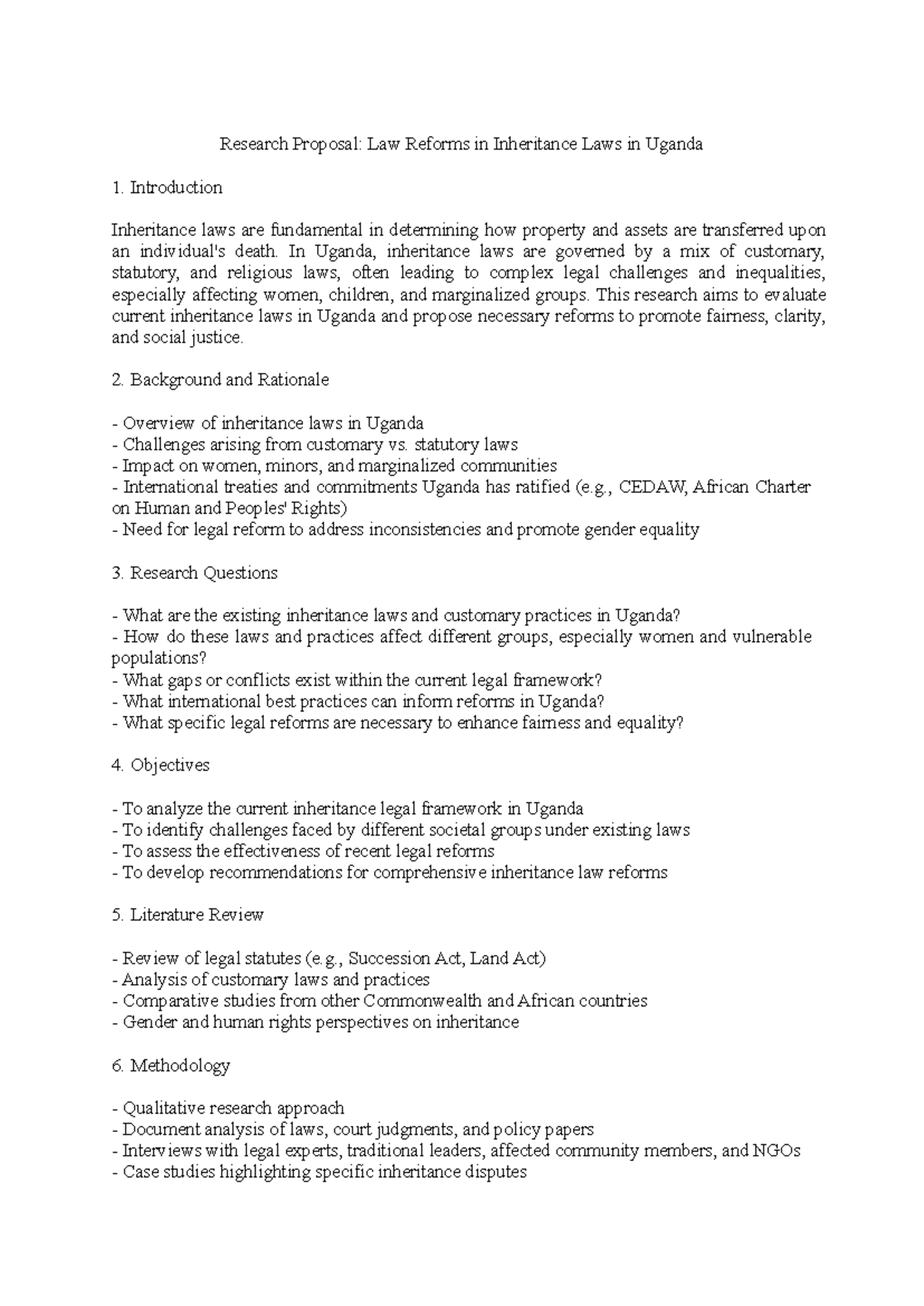 Research Proposal: Inheritance Law Reforms in Uganda - Studocu