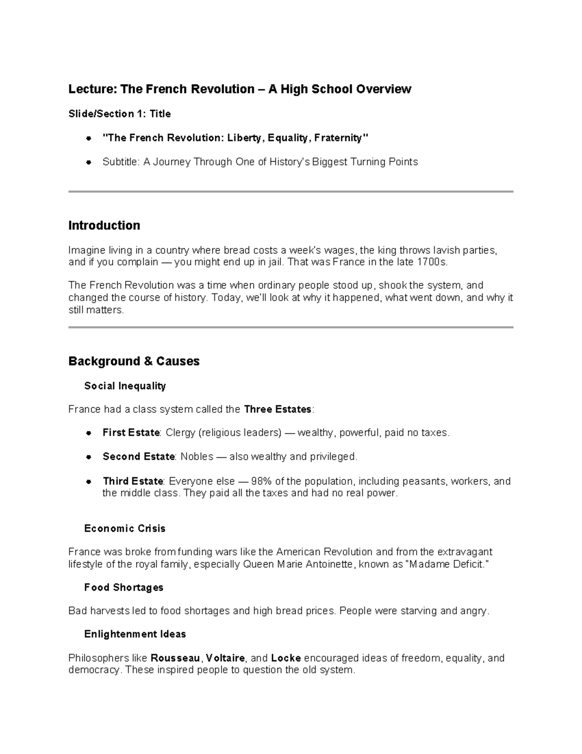 French Revolution Lecture: Overview for High School Students - Studocu