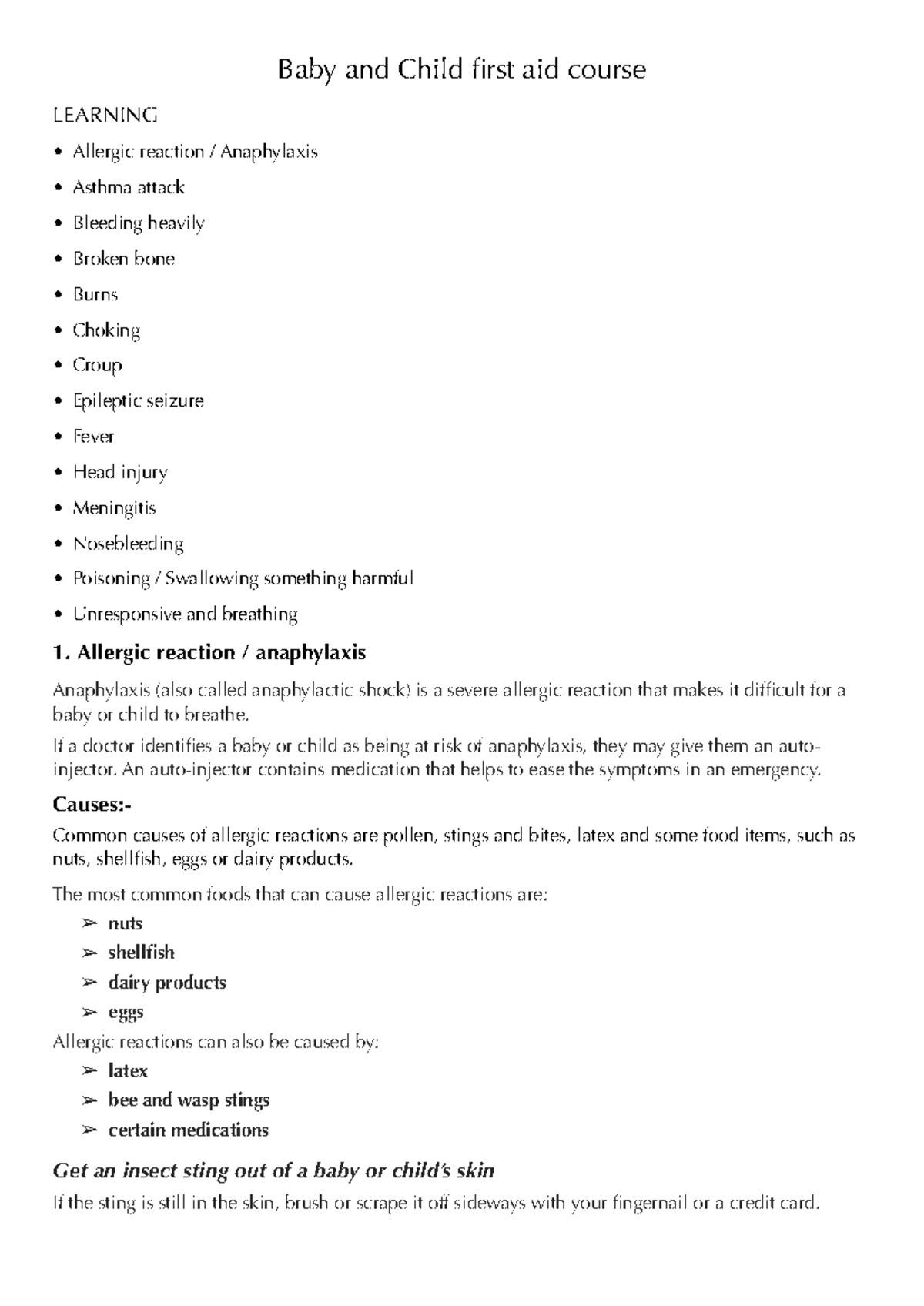 Baby and Child First Aid Course: Emergency Response Guide - Studocu