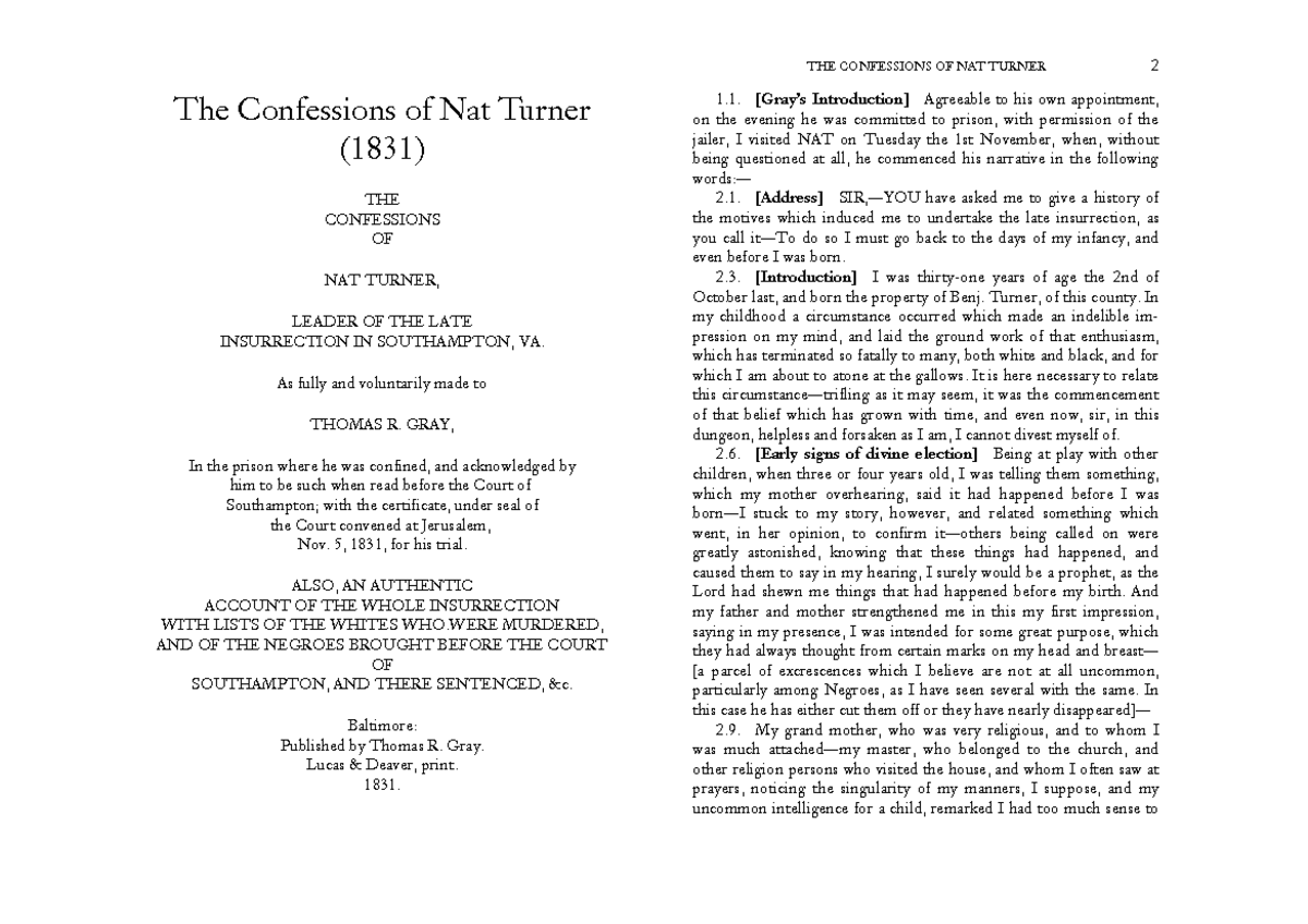 Confessions of Nat Turner: Insurrection Leader's Account (1831) - Studocu