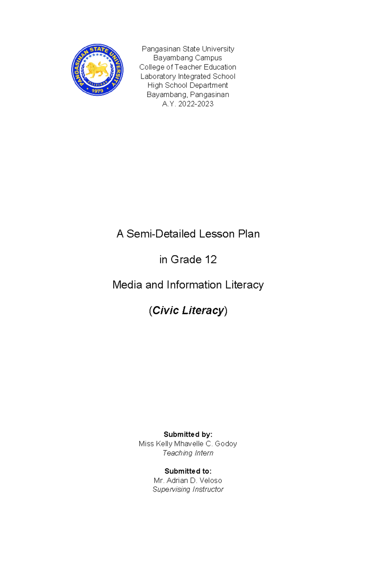 Civic Literacy Lesson Plan for Grade 12 (A.Y. 2023-2024) - Studocu