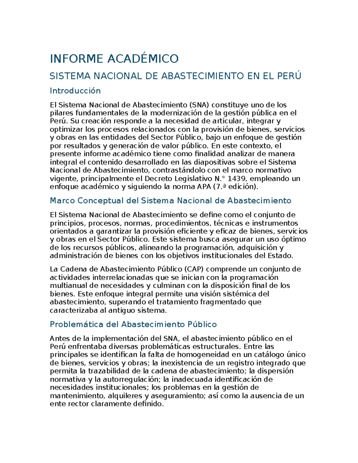 Informe Académico sobre el SNA en Perú: Análisis y Normativa - Studocu