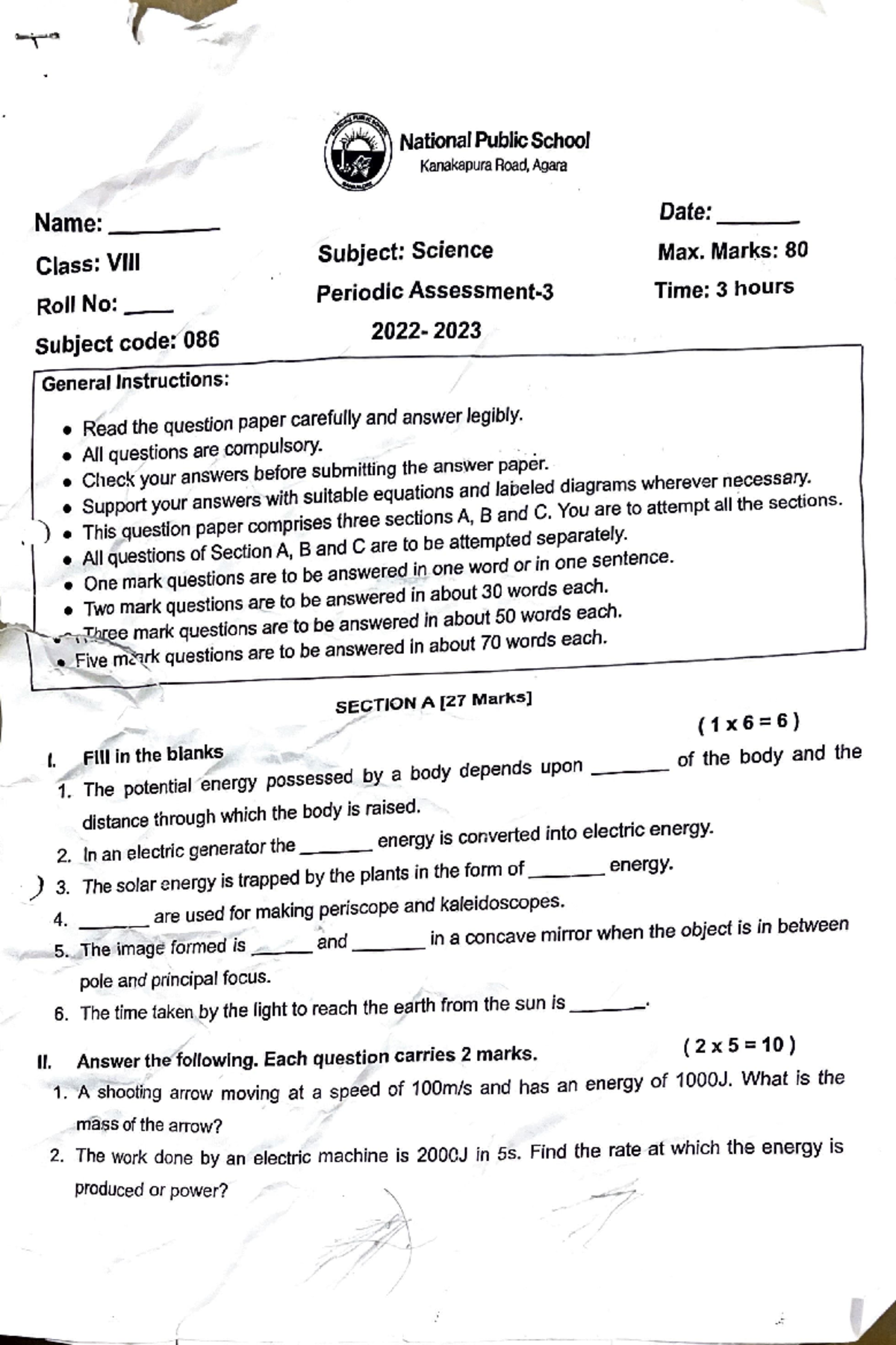 Science-pa-3 - Cgn - SHORT National Public School Kanakapura Road, Agara Name: Date: Class ...