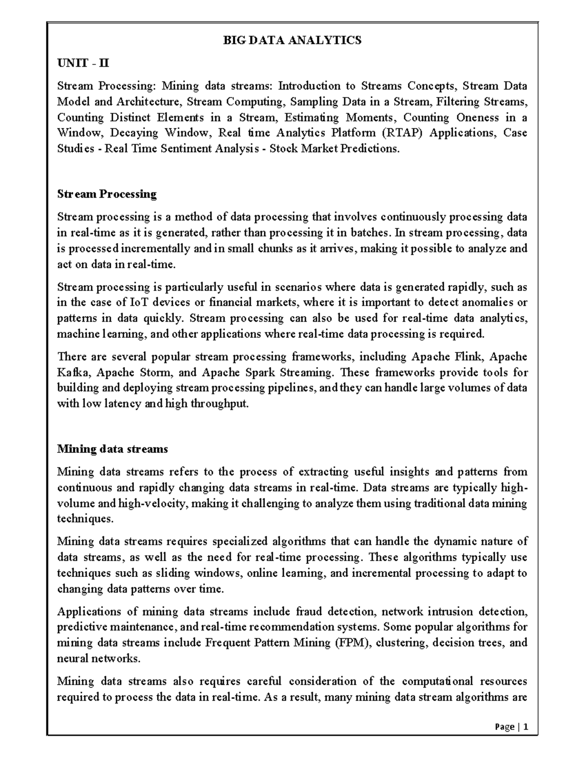 BIG DATA Analytics - BIG DATA ANALYTICS UNIT - II Stream Processing: Mining data streams: - Studocu