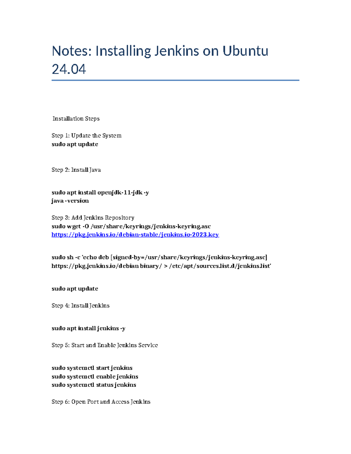 Jenkins Installation Notes: Step-by-Step Guide for Ubuntu 24.04 - Studocu